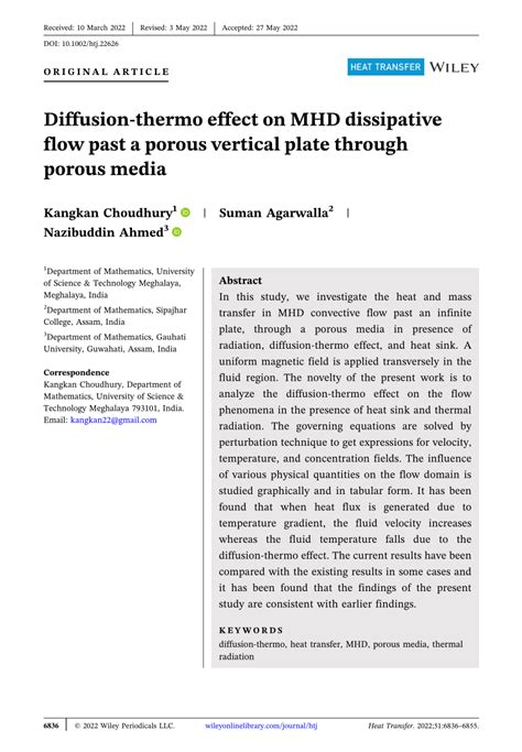 Diffusion‐thermo Effect On Mhd Dissipative Flow Past A Porous Vertical Plate Through Porous
