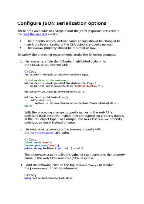 Configure Json Serialization Options The Bookname Property Should Be