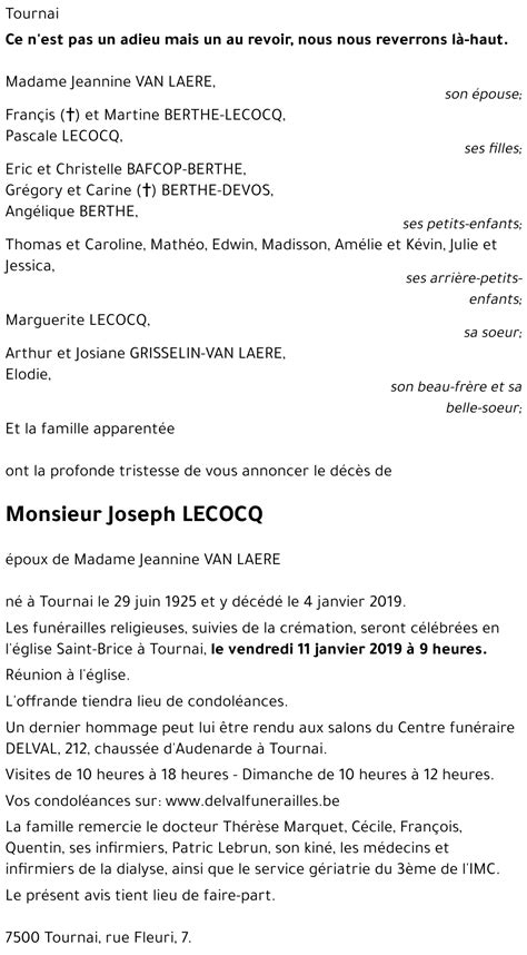 Avis De Décès De Joseph Lecocq Décédé Le 04 01 2019 à Tournai Annonce Condoléances Fleurs