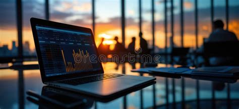 Business Analytics Dashboard On Laptop With Sunset View Silhouettes Of Professionals In Modern