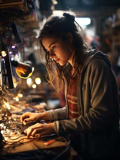 Premium Ai Image A Girl Programming Light Sequences On A Small Diy