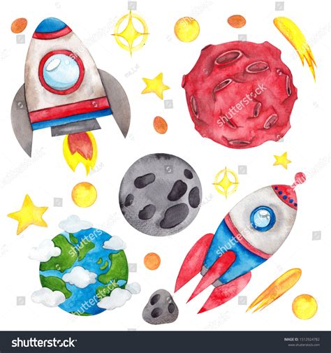 귀여운 우주 일러스트레이션 로켓 행성 별 스톡 일러스트 1512924782