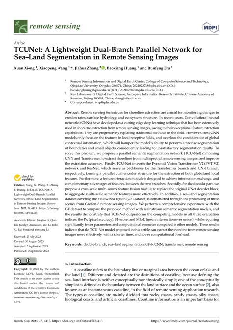 Pdf Tcunet A Lightweight Dual Branch Parallel Network For Sealand Segmentation In Remote