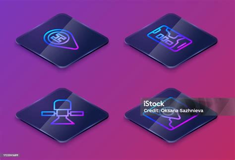 아이소메트릭 라인 헬리콥터 착륙장 위성 도시 지도 내비게이션 및 위치 마커로 접힌 설정을 설정합니다 파란색 사각형 버튼입니다 벡터 3차원 형태에 대한 스톡 벡터 아트 및