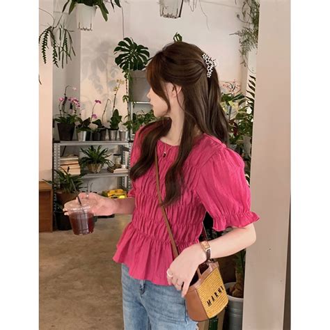 여자 무지 스모크 셔링 퍼프 러플 폐플럼 숏 크롭 볼륨 반팔 핫핑크블라우스 검정 에이블리