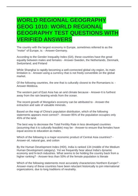 World Regional Geography Geog 1010 World Regional Geography Test