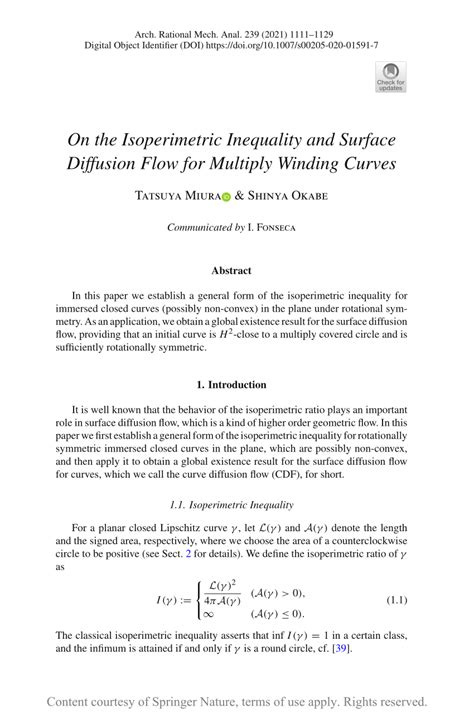Pdf On The Isoperimetric Inequality And Surface Diffusion Flow For