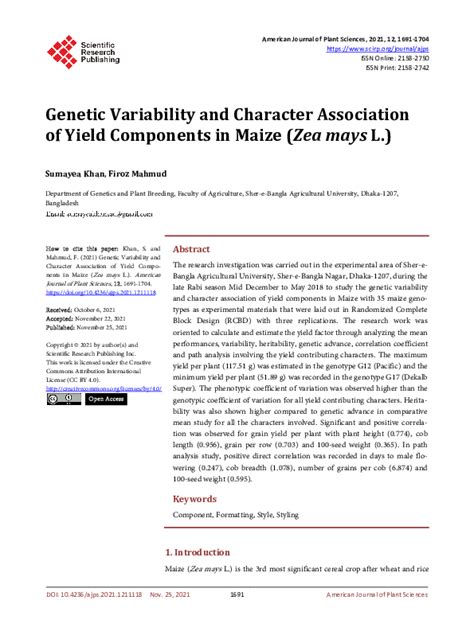 Pdf Genetic Variability And Character Association Of Yield Components In Maize Zea Mays L