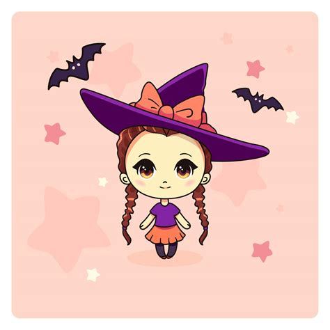 Cute And Kawaii Chibi Girl Witch In Hat And With Bats In Manga Style