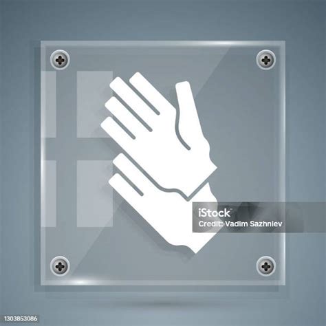 회색 배경에 격리 된 흰색 고무 장갑 아이콘 라텍스 손 보호 표지판 집안일 청소 장비 기호 정사각형 유리 패널 벡터 가사