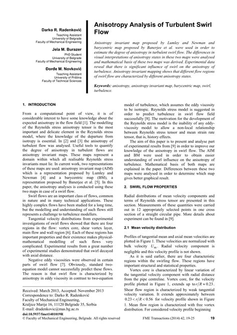 Pdf Anisotropy Analysis Of Turbulent Swirl Flow