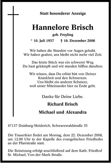 Traueranzeigen Von Hannelore Brisch Trauer In Nrwde