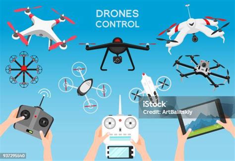 현대에 어 드 론 및 원격 제어의 집합입니다 과학 및 현대 기술입니다 벡터 일러스트입니다 라디오 로봇 또는 공기에서 카메라와