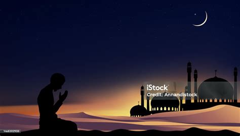 라마단 카림 배경과 기도와 모스크 돔 황혼 하늘 실루엣 무슬림 남자 간구 벡터 상징 이슬람 종교 이드 알 아드하 이드 무바라크 이드 알 피트르 Eid Mubarak에 대한
