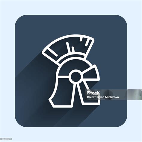 긴 그림자 배경으로 고립 된 화이트 라인 로마 군대 헬멧 아이콘 파란색 정사각형 버튼 벡터 검투사에 대한 스톡 벡터 아트 및