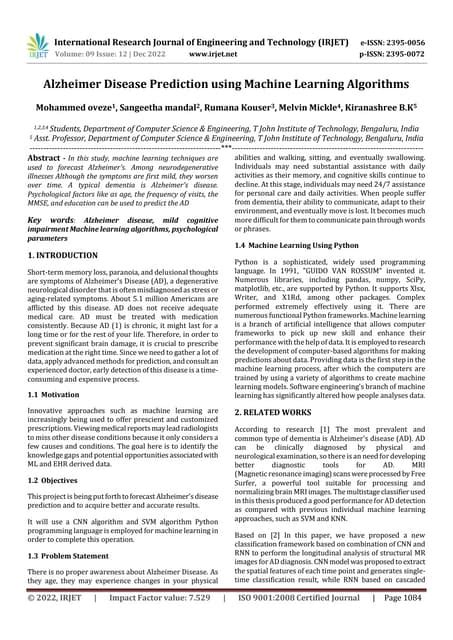 alzheimer disease prediction using machine learning algorithms pdf