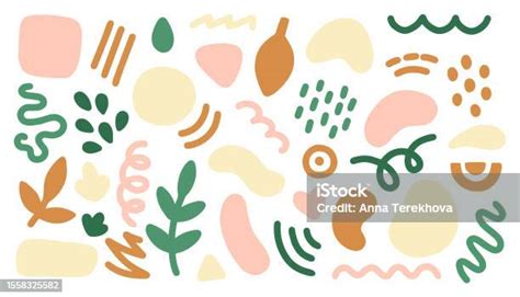 추상 요소가 설정됩니다 다채로운 손의 큰 세트는 다양한 모양 컬 형태 브러시 스트로크 및 낙서 개체를 그렸습니다 추상적인 현대 미니멀리스트 트렌디한 벡터 그림 0명에 대한