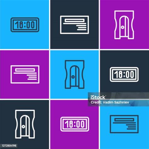 세트 라인 디지털 알람 시계 연필 깎기 및 명함 아이콘 벡터 0명에 대한 스톡 벡터 아트 및 기타 이미지 0명 고정됨