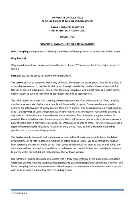 Bstat Handouts Descriptive ONLY Handouts UNIVERSITY OF ST LA SALLE Yu An Log College Of