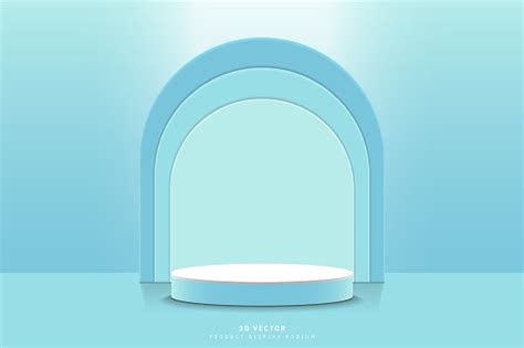 사실적인 파란색과 흰색 3d 무대 실린더 받침대 연단이 있는 3d 스튜디오 룸은 3개의 아치 모양을 배경으로 제품 전시를 제공합니다 제품 프레젠테이션 3d 벡터 렌더링을