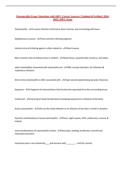 Osteomyelitis Exam Questions With 100 Correct Answers Updated