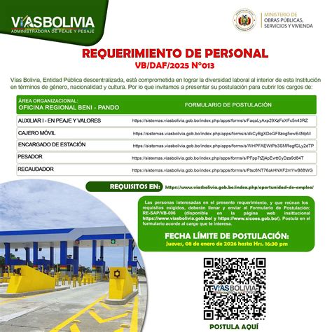 Vías 📣 𝐑𝐄𝐐𝐔𝐄𝐑𝐈𝐌𝐈𝐄𝐍𝐓𝐎 𝐃𝐄 𝐏𝐄𝐑𝐒𝐎𝐍𝐀𝐋 𝐎𝐅𝐈𝐂𝐈𝐍𝐀𝐒 𝐑𝐄𝐆𝐈𝐎𝐍𝐀𝐋𝐄𝐒 Vías Bolivia