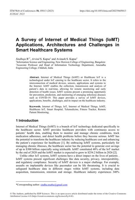 Pdf A Survey Of Internet Of Medical Things Iomt Applications Architectures And Challenges