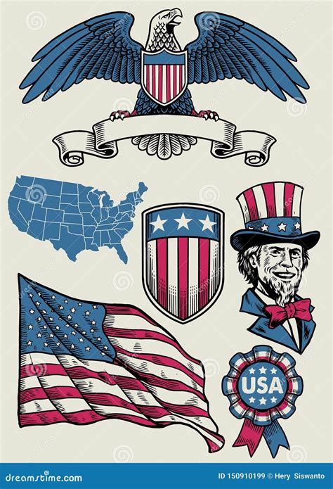 Vintage Illustration Set Of Object Of Usa Stock Vector Illustration
