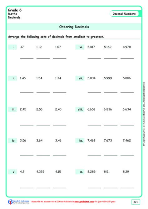 Ordering Decimals Worksheets