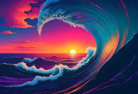Premium Photo A Stylized Ocean Wave Curling With A Gradient Of Blue To Purple Colors Against A