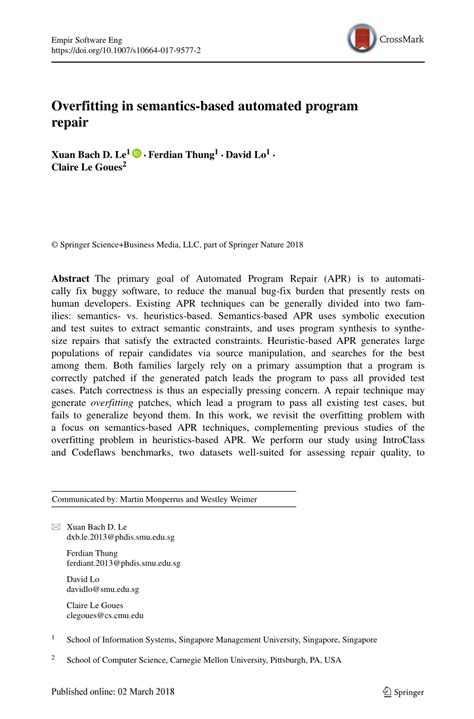 Pdf Overfitting In Semantics Based Automated Program Repair