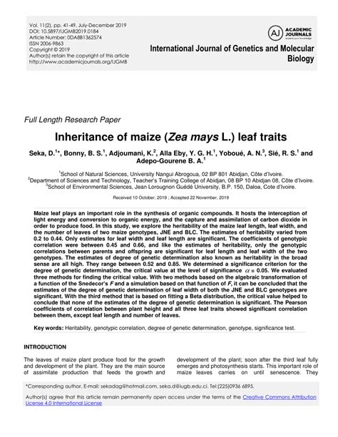 pdf inheritance of maize zea mays l leaf traits