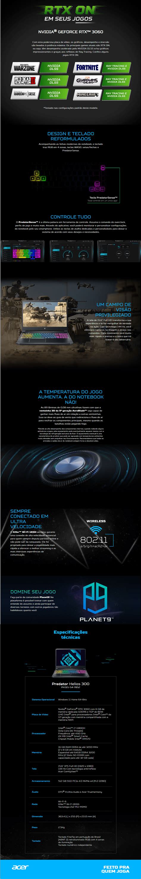 notebook acer predator helios 300 ph315 54 7852 intel core i7 11800h 2