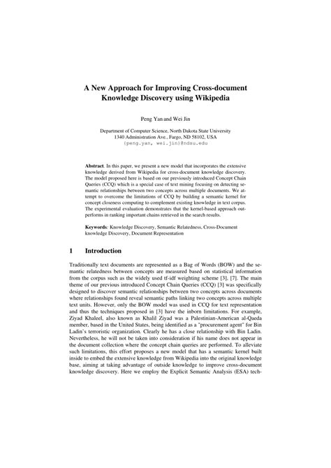 Pdf A New Approach For Improving Cross Document Knowledge Discovery Using Wikipedia