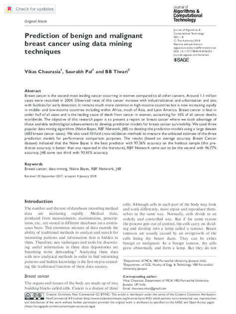 Pdf Prediction Of Benign And Malignant Breast Cancer Using Data Mining Techniques