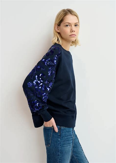 Navy Blue Organic Cotton Sweatshirt With Sequin And Bead Embroidered