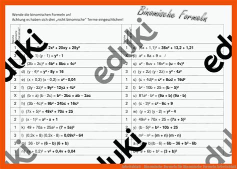 23 Binomische Formeln Arbeitsblatt Allgemeine Arbeitsblätter
