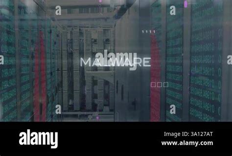 Malware Text Overlay On Server Room With Digital Data Processing