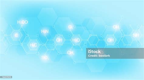 화학 식 및 분자 구조와 부드러운 파란색 배경에 추상 화학 패턴 과학 및 혁신 기술에 대한 개념과 아이디어가있는 템플릿 디자인 주기율표에 대한 스톡 벡터 아트 및 기타