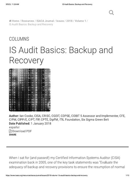Isaca Is Audit Basics Backup And Recovery Pdf