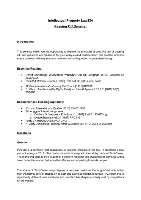 Passing Off Seminar Intellectual Property Law Passing Off Seminar Introduction This Seminar