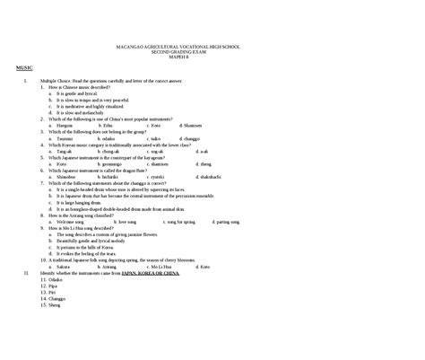 Music Second Quarter Examinations Exams Music Docsity