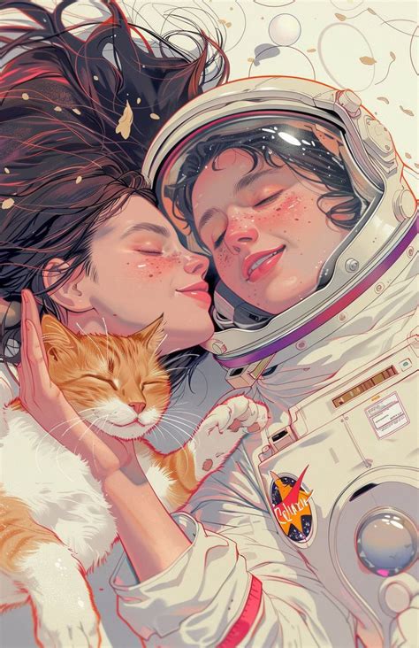 우주비행사 소녀가 등을 대고 누워 한 손으로 고양이 발을 잡고 미소 짓고 있다