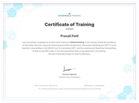completed 8 week ethical hacking training with internshala pranali
