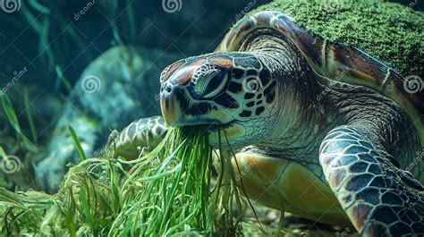 Sea Turtle Grazes On Seagrass In Underwater Paradise A Green Sea Turtle