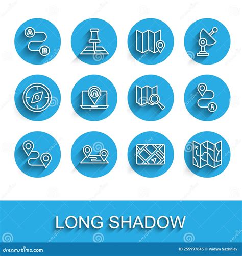 Set Line Route Location Gps Device With Map Folded City Navigation And Search Icon Vector