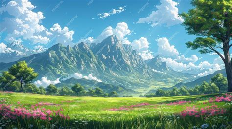 Anime Style Grassland Scenery Illustration Premium Ai Generated Image