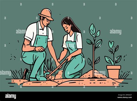 Man And Woman Planting Tree Vector Linear Illustration Sketch Nature Protection Concept Stock