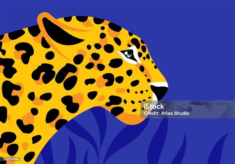 표범 머리 열대 수풀과 나뭇잎 사이에 노란 표범의 실루엣 측면보기 살쾡이 현대적인 현대적인 스타일 파란색 배경에 생생한 표범 표지 포스터 카드에 대 한 현대 그림입니다 검은