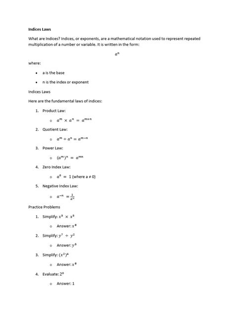Indices Laws Mathematics Igcse O Level Pdf Equations Exponentiation